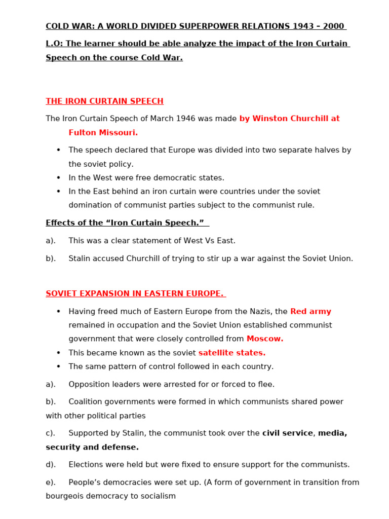 Development of Col War (The Iron Curtain Speech, Soviet Expansion and ...