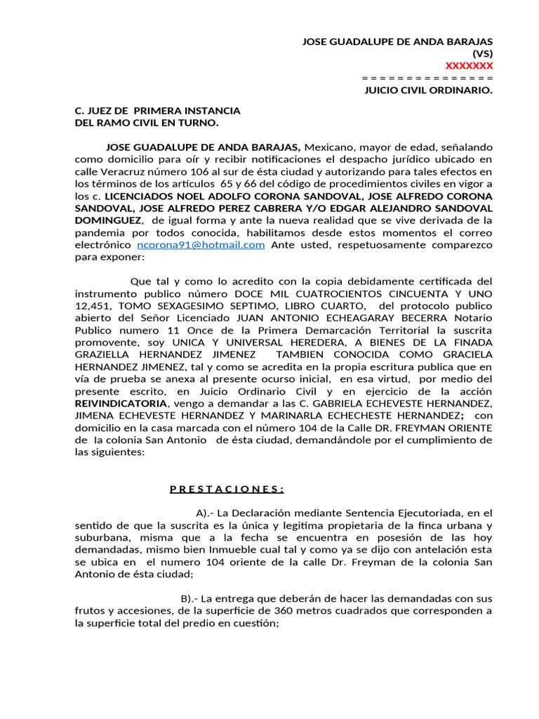 REIVINDICATORIA Jose de Anda | PDF | Demanda judicial | Ley común