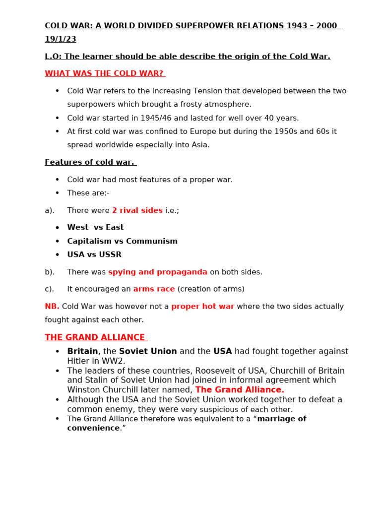 Meaning, Origin, Features and Causes of Cold War - 19-1-23 | PDF | Cold ...