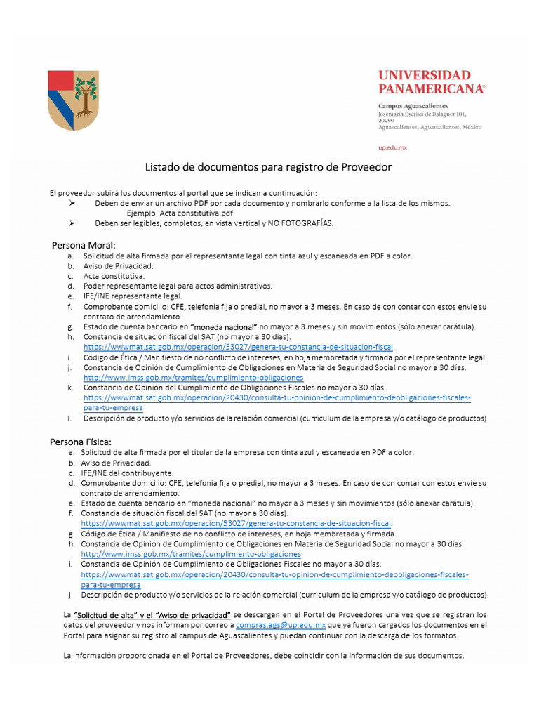 Listado de Documentos para Registro de Proveedor en Portal | PDF