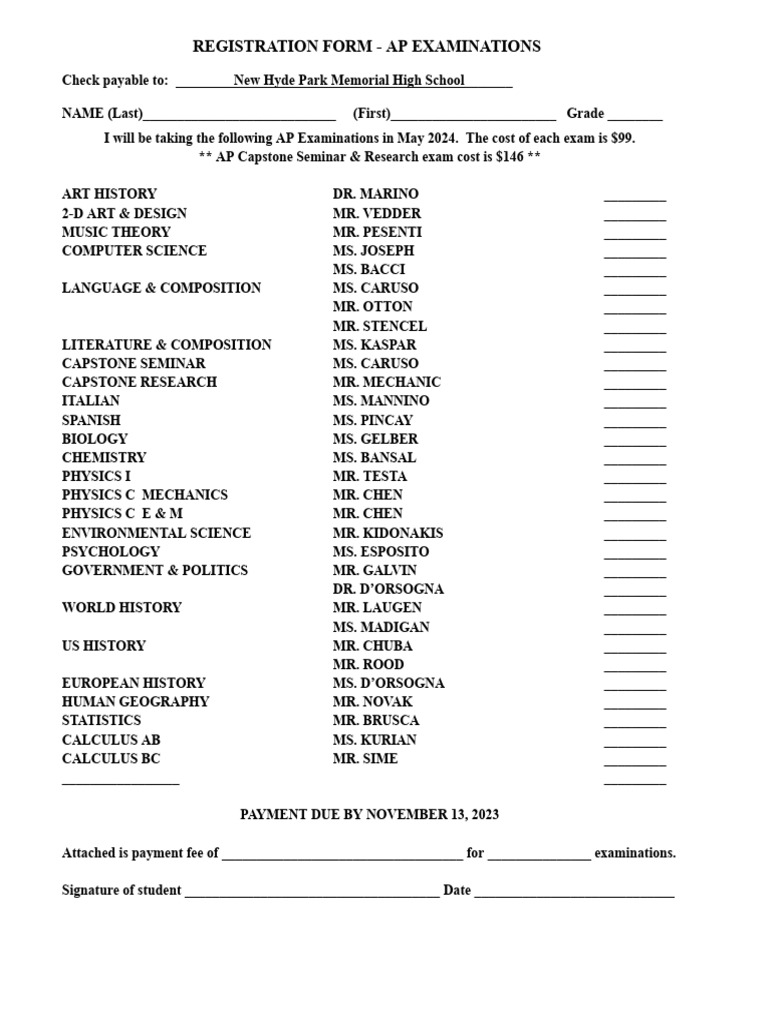 Registration Form 23-24 - AP Examinations | PDF | Advanced Placement ...