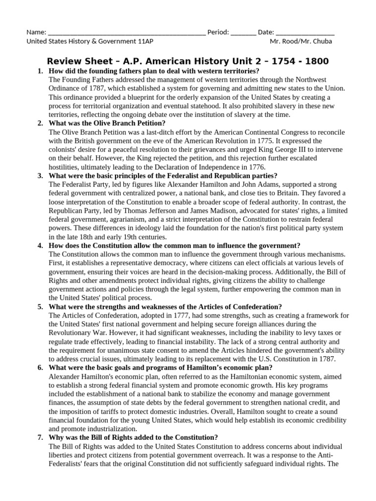 AP U.S. History Unit 2 Review Guide | PDF | Alexander Hamilton ...