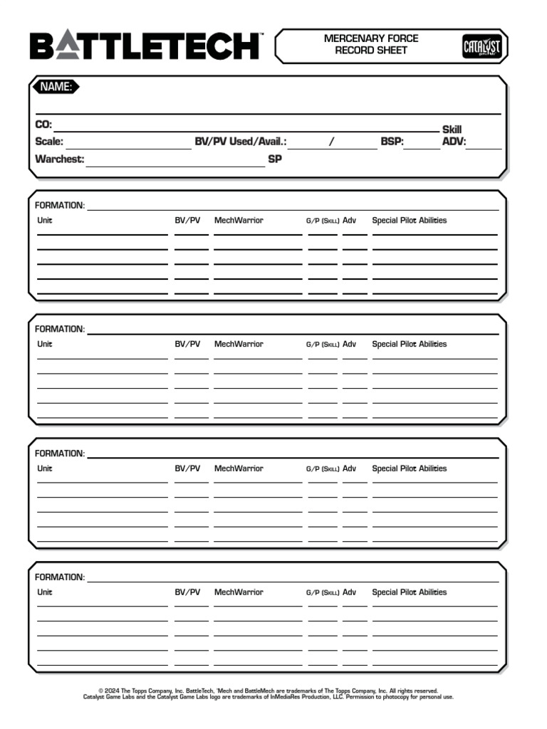 BattleTech Mercenary Force Record Sheet | PDF