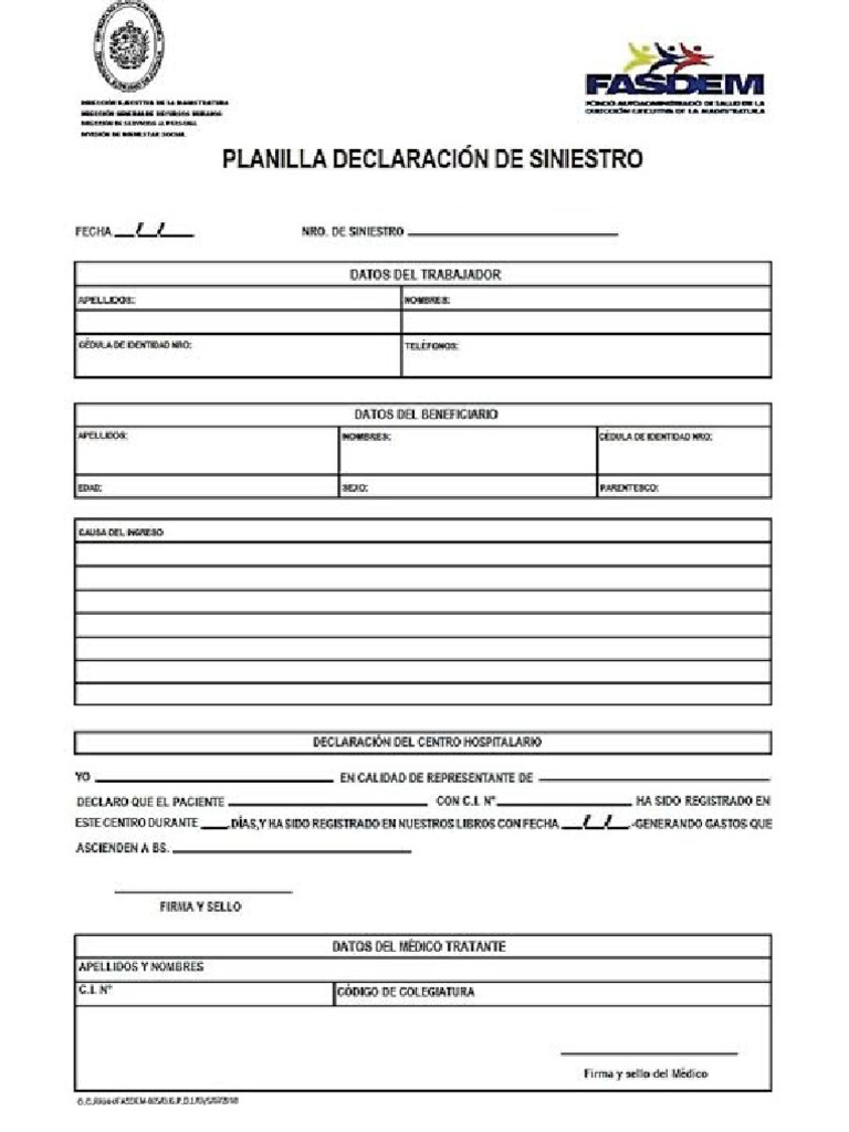 Planilla de Declaración de Siniestro Fasdem | PDF
