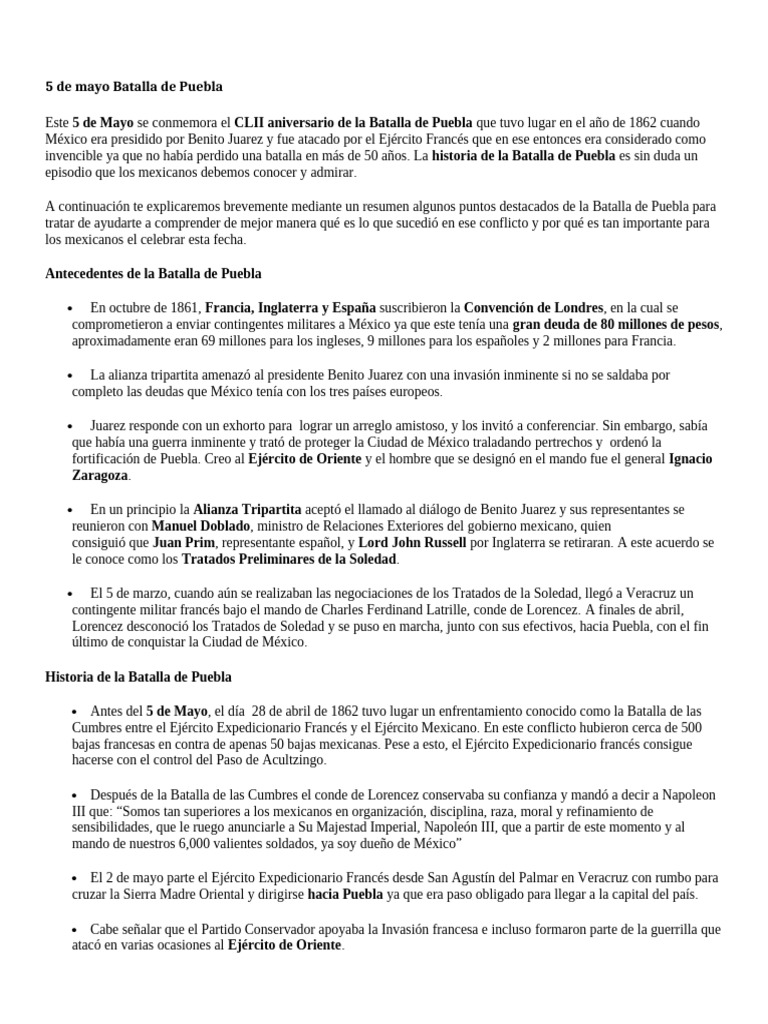 5 de Mayo Batalla de Puebla | PDF | Militar | Conflictos del segundo ...