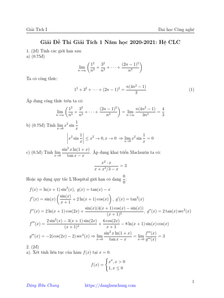 Giải Đề Thi Giải Tích 1 Năm học 2020-2021 - Hệ CLC | PDF