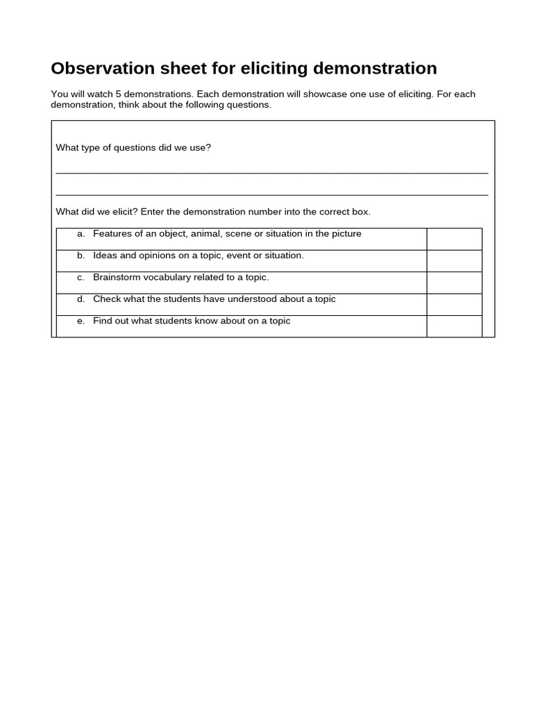 Eliciting Demonstration Observation Sheet | PDF