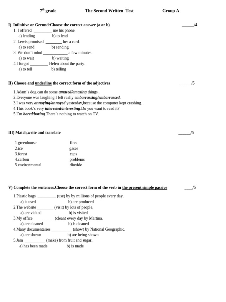 7th Grade English Test: Infinitives & Adjectives | PDF | Linguistics ...