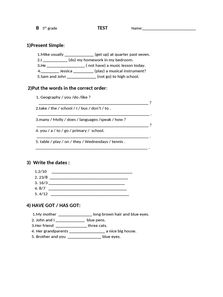 5th Grade English Grammar Test | PDF