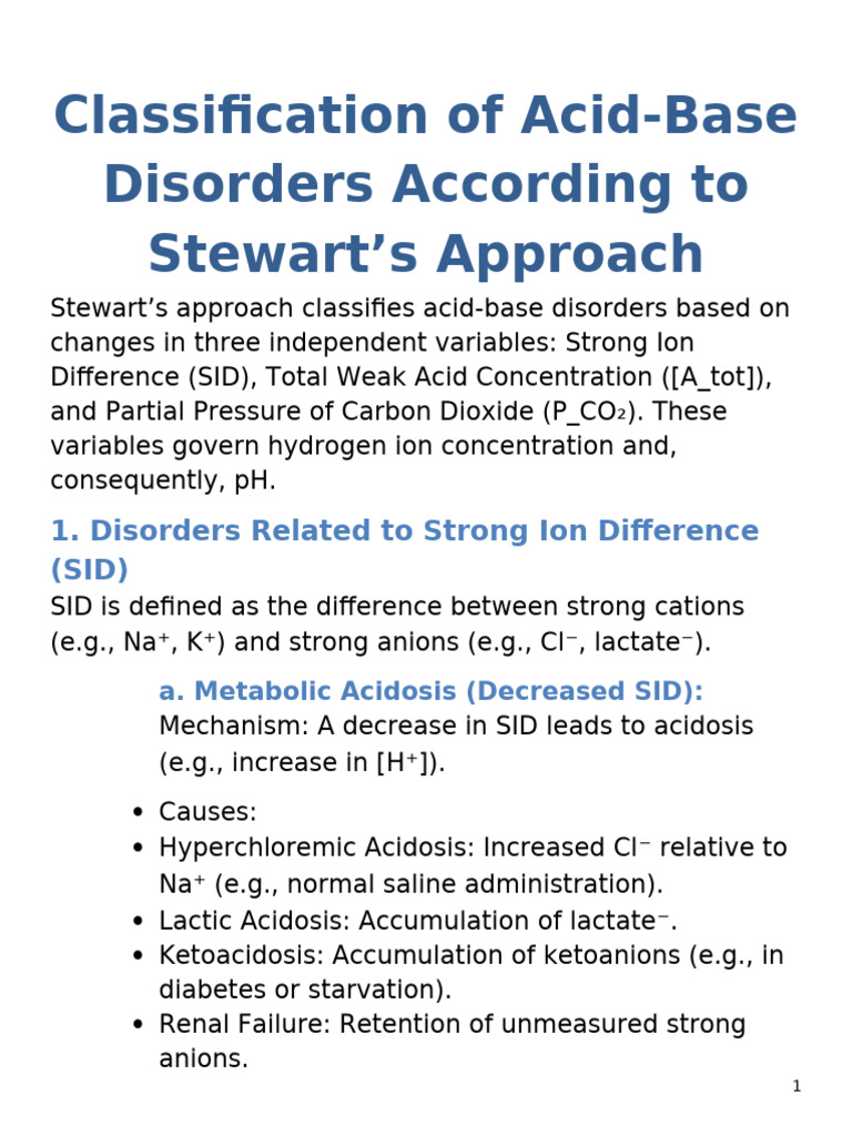 Stewart's Acid-Base Disorder Classification | PDF | Intensive Care Medicine