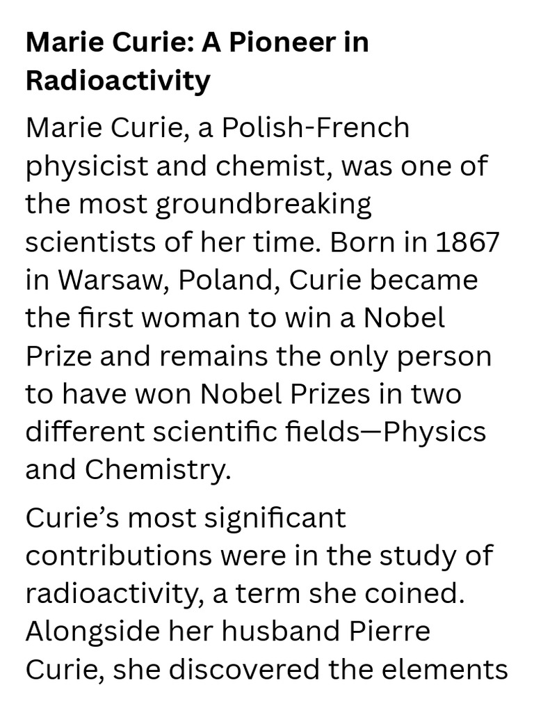 Marie Curie A Pioneer in Radioactivity | PDF