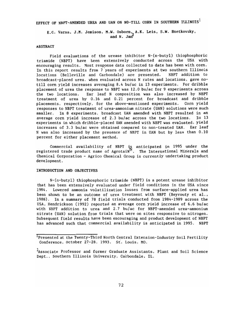 Effect of NBPT Amended Urea and UAN On No Till Corn in Northern ...