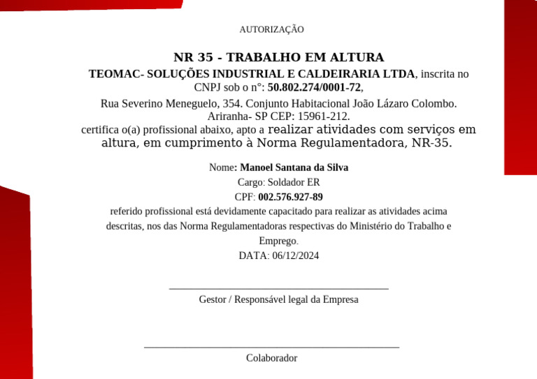Cartas de Anuência NR 35 (Recuperação Automática) | PDF