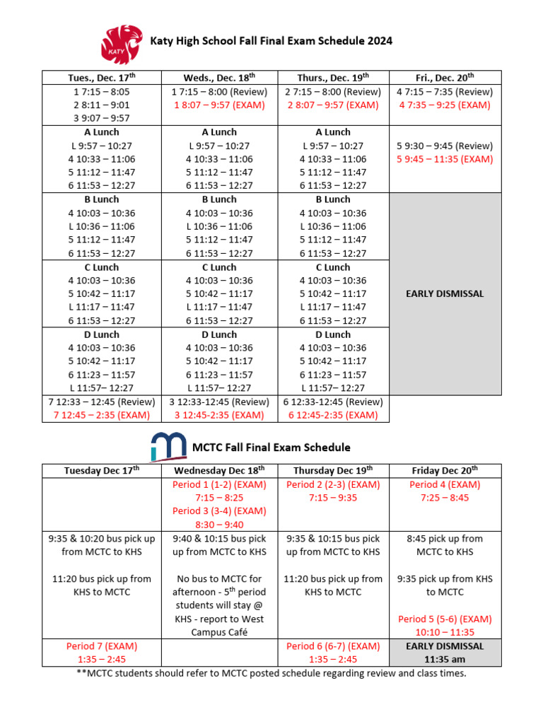 2024 KHS Fall Final Exam Schedule | PDF