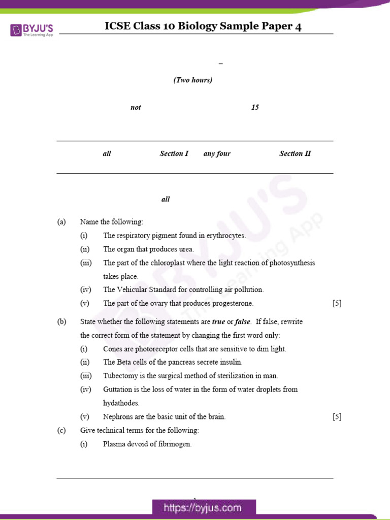 ICSE Class 10 Biology Sample Paper | PDF | Ploidy | Menstrual Cycle