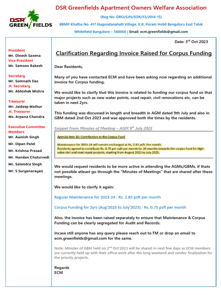 Invoice Raised For Corpus Funding | PDF