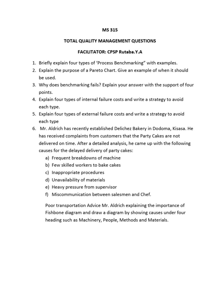 TOTAL QUALITY MANAGEMENT QUESTIONS Ms 315 | PDF