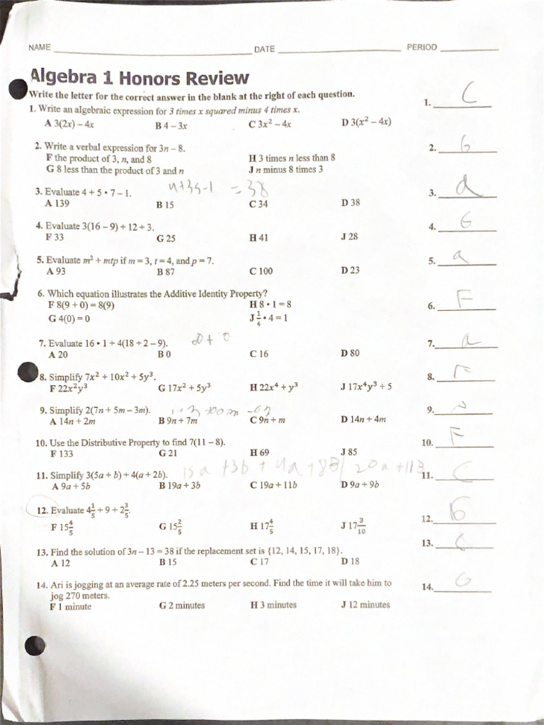 Algebra 1 Honors Review | PDF