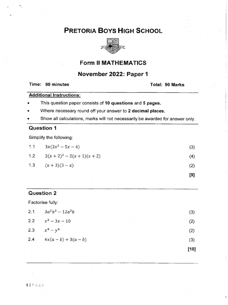 Form 2 Mathematics Paper 1 November 2022 | PDF