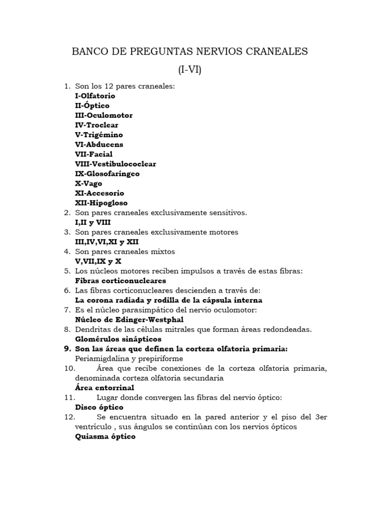 BANCO DE PREGUNTAS NERVIOS CRANEALES I-VI | PDF | Neurociencia | Cabeza y cuello humanos