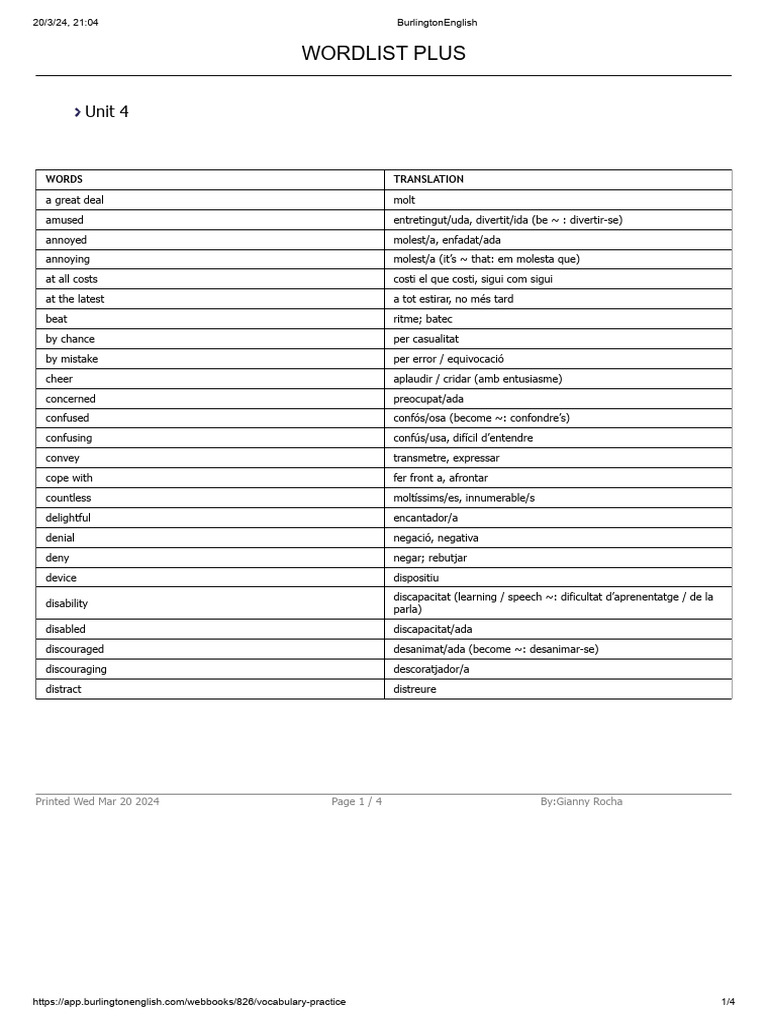 Unit 4 Vocabulary | PDF