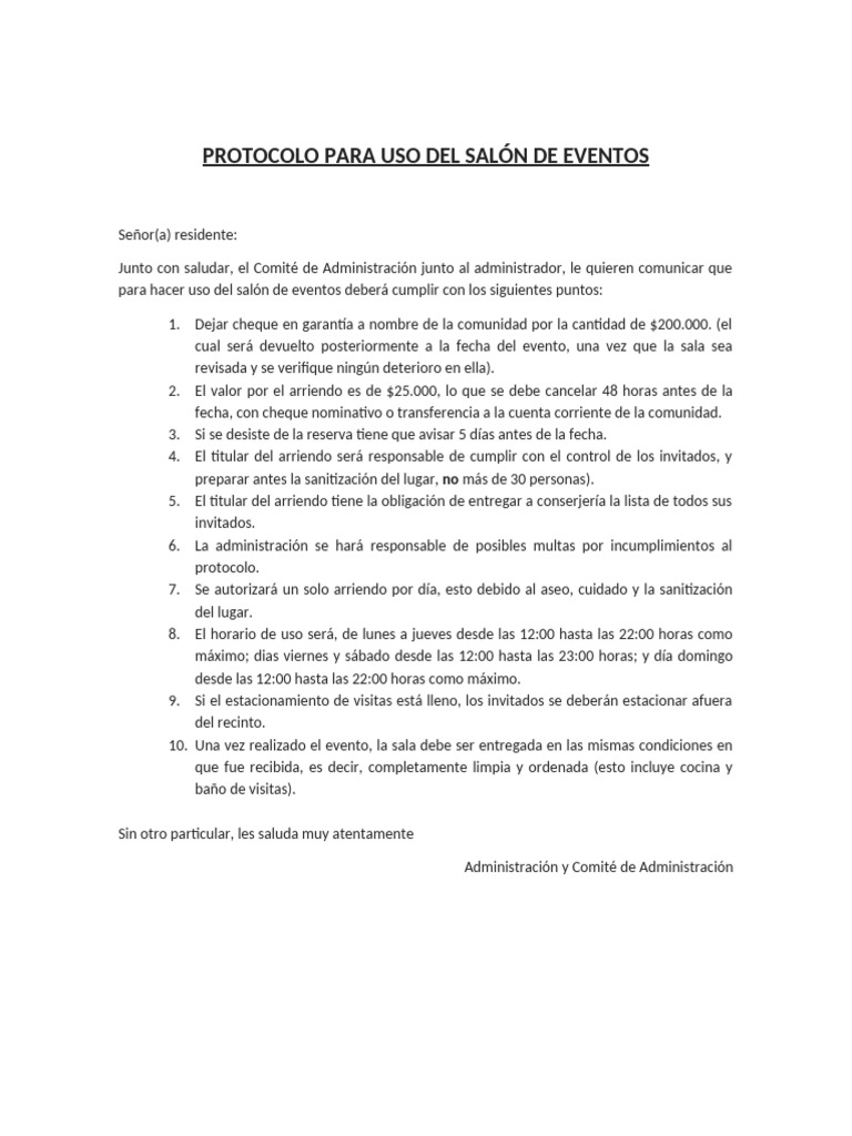 Muestra PROTOCOLO DEL SALON DE EVENTOS | PDF