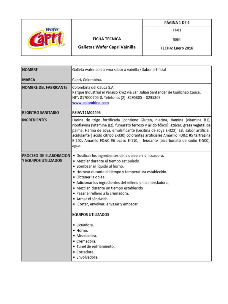 Galletas Wafer Capri Vainilla: Ficha Técnica | PDF | Galleta | Alimentos
