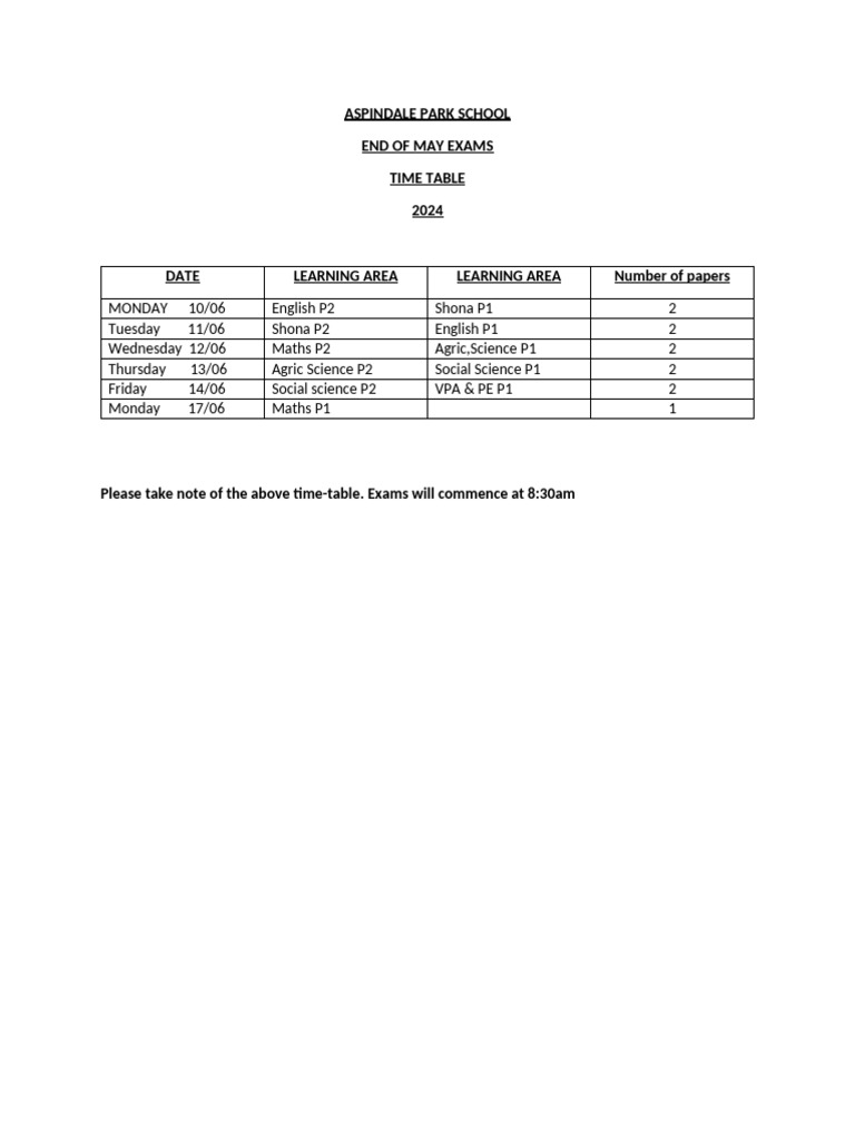Grade 7 Exam Timetable June 2024 | PDF