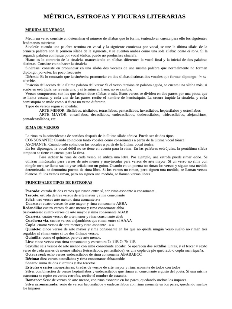 Métrica, Estrofas, Figuras | PDF | Metro (poesía) | Rima
