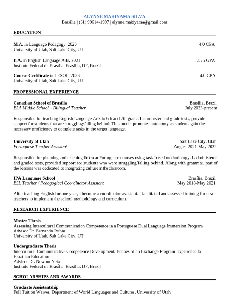 ALYNNE MAKIYAMA SILVA_CV | PDF | English As A Second Or Foreign ...