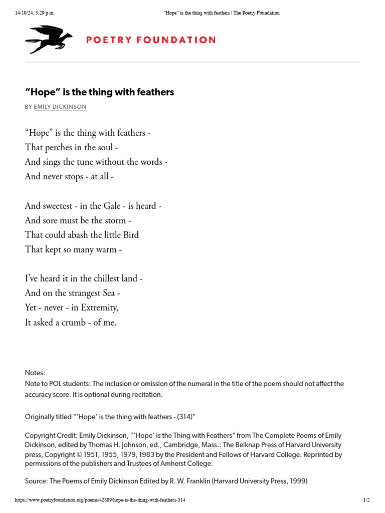 "Hope" Is The Thing With Feathers - The Poetry Foundation | PDF