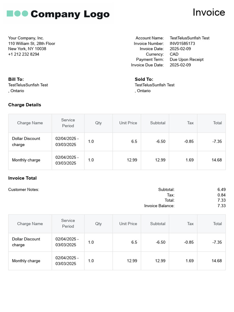 Invoice for TestTelusSunfish Services | PDF | Invoice | Receipt