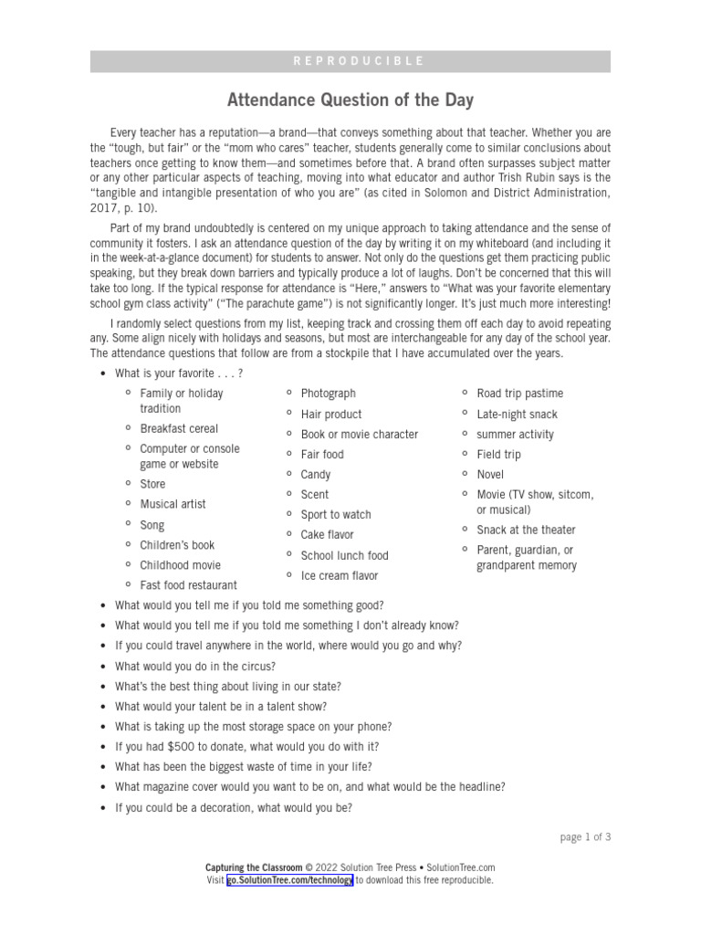 Attendance Question of The Day: Reproducible | PDF