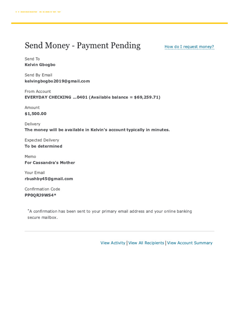 Send Money - Payment Pending - Wells Fargo | PDF