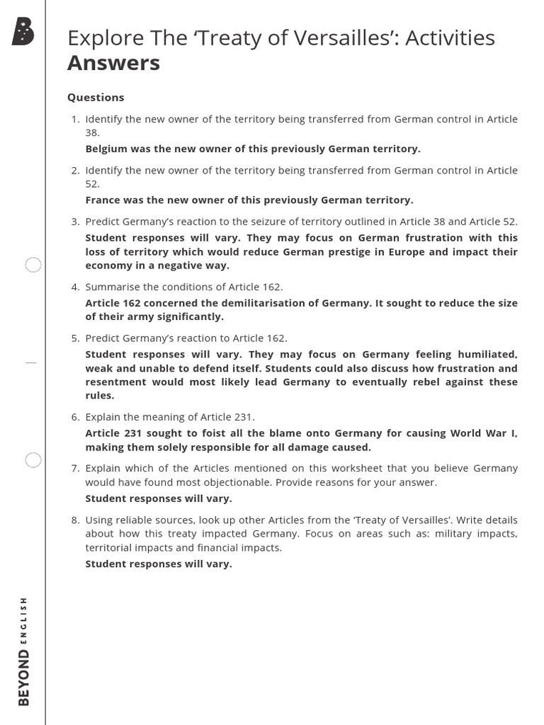 Explore The Treaty of Versailles Activities Answers | PDF