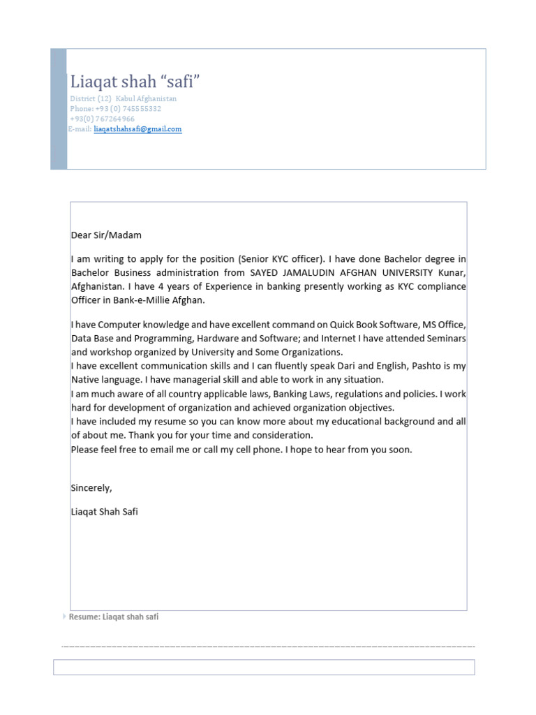 Liaqat shah safi CV | PDF | Afghanistan | Regulatory Compliance