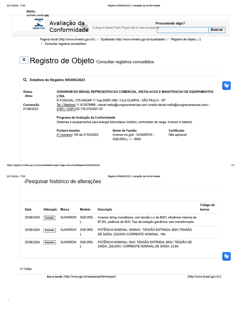 Certificado Inmetro Inversores Inversor - Sungrow SG6.0RS-L e SG10RS ...