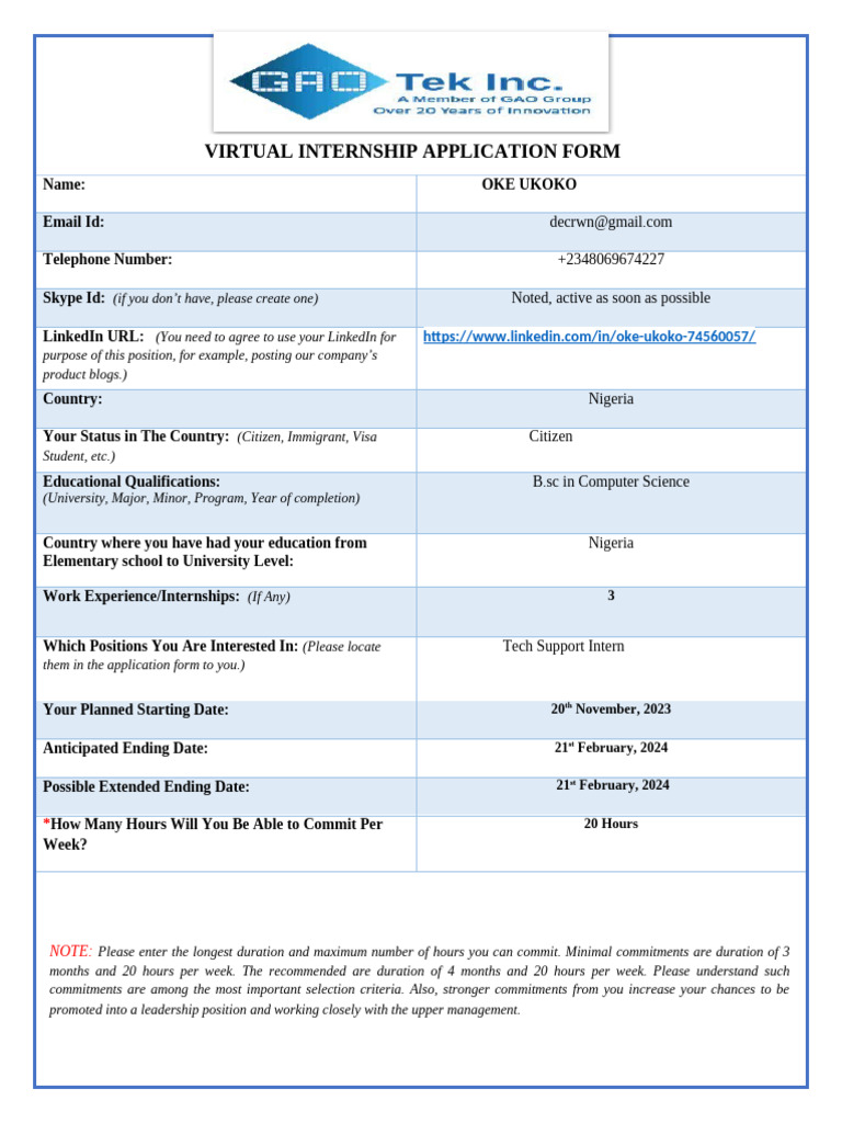 GAO Internship Questionnaire | PDF
