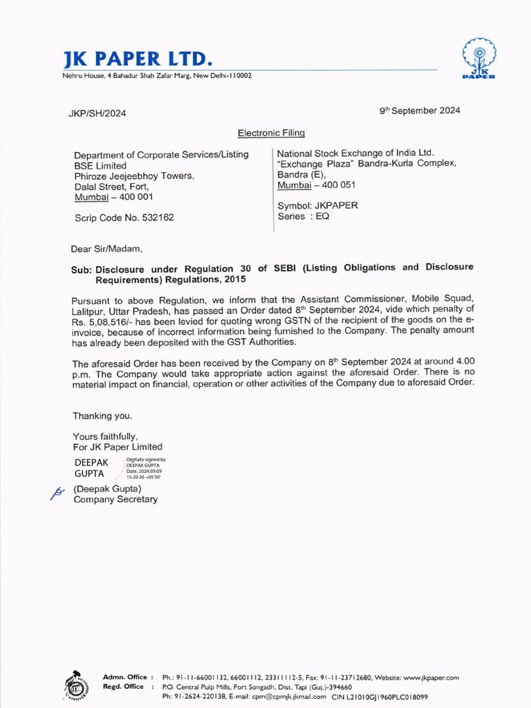 JKPAPER 09092024152712 Disclosure Reg 30 | PDF | Equity Securities ...