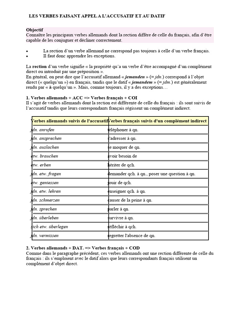 Verbes allemands : Accusatif et Datif | PDF | Linguistique | Relations ...