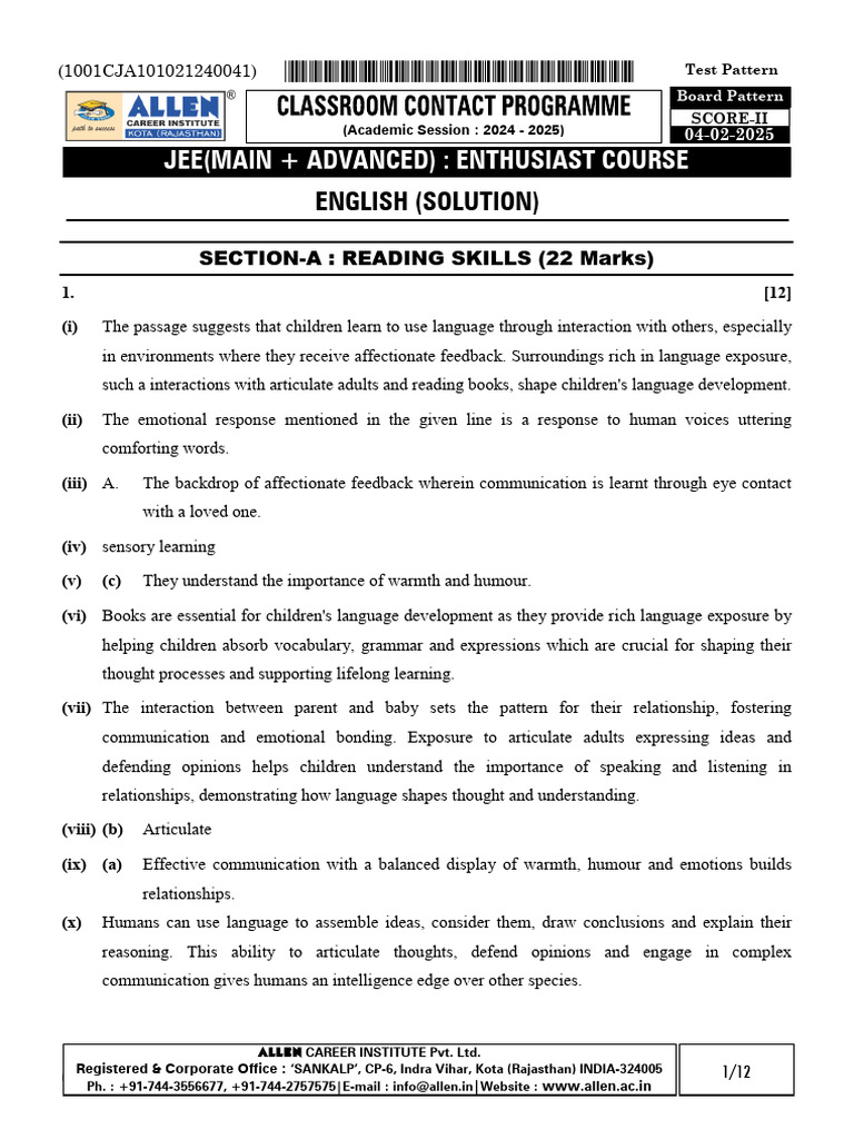 Jee (Main + Advanced) : Enthusiast Course: English (Solution) | PDF | Language Development ...