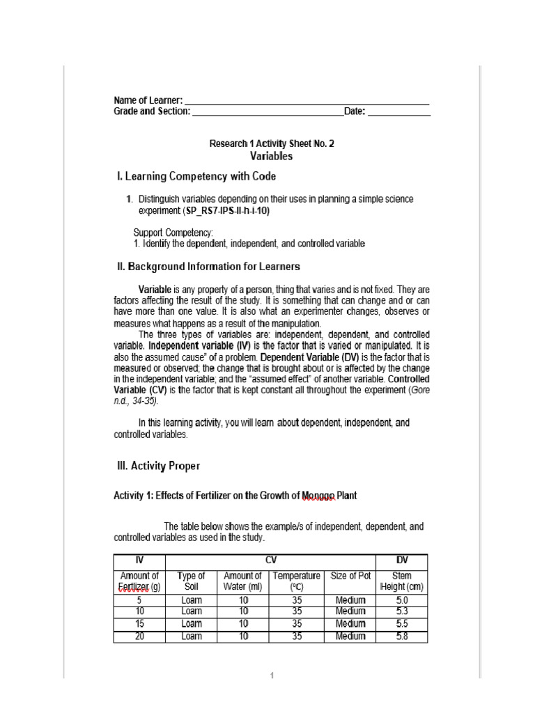 Research-1-Activity-Sheet-No.-2-Variables | PDF