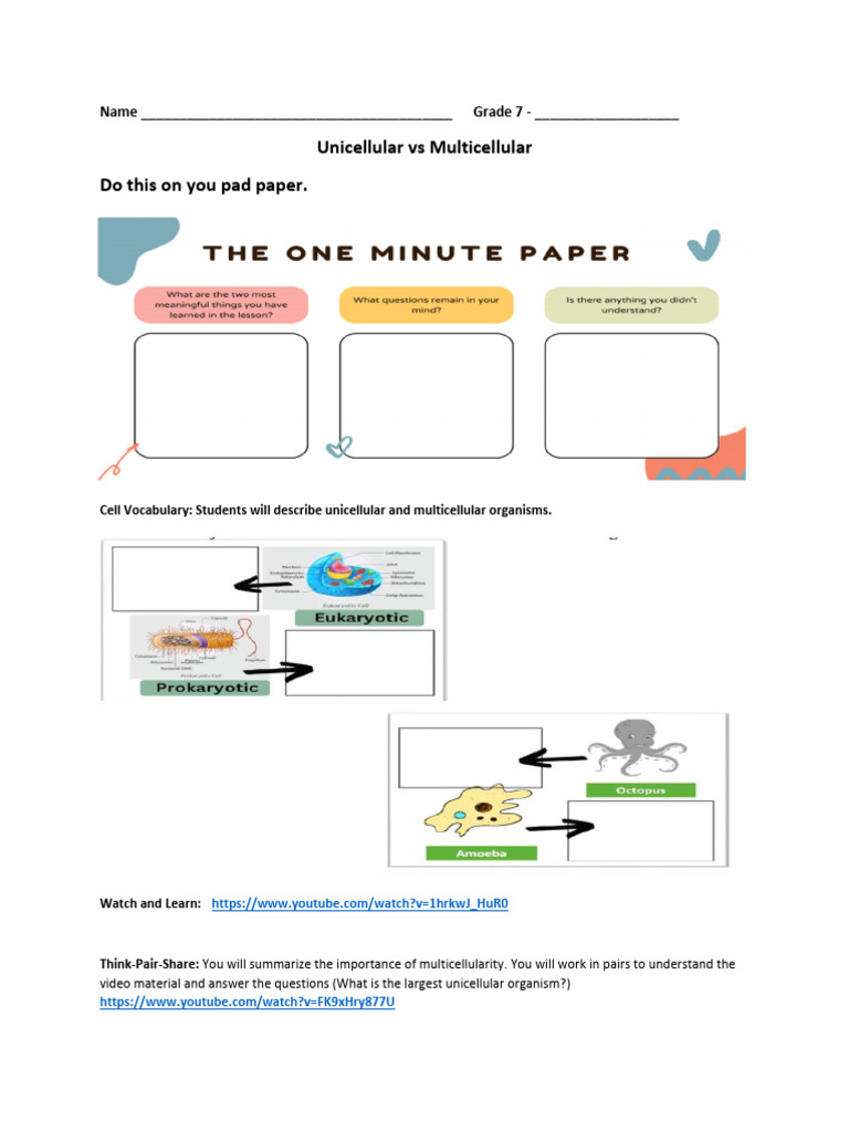 Day 1 November 4 2024 Unicellular Multicellular | PDF | Cell (Biology ...
