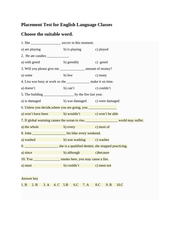 Placement Test For English Language Classes | PDF