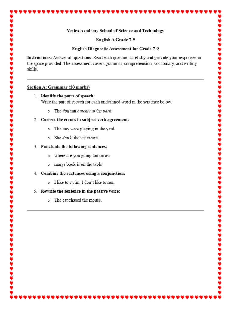 Grade 7-9 English Diagnostic Assessment | PDF | English Language | Grammar