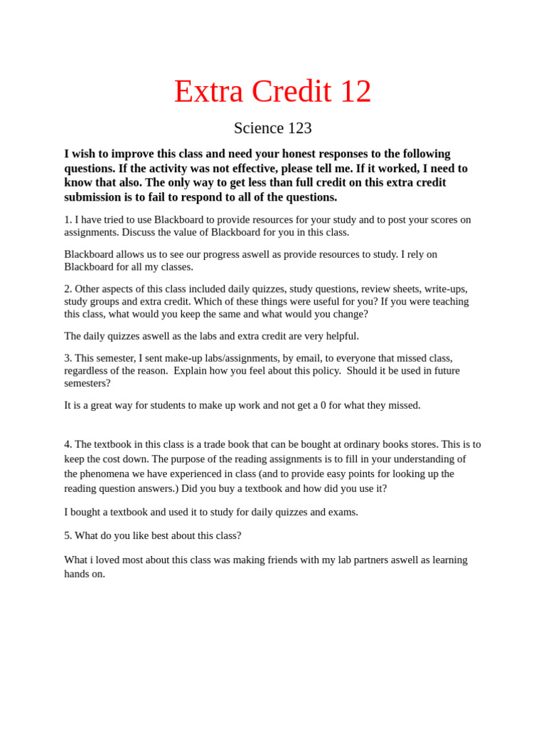 Student Feedback for Science Class | PDF
