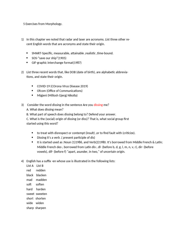 5 Exercises from Morphology | PDF | Word | Part Of Speech
