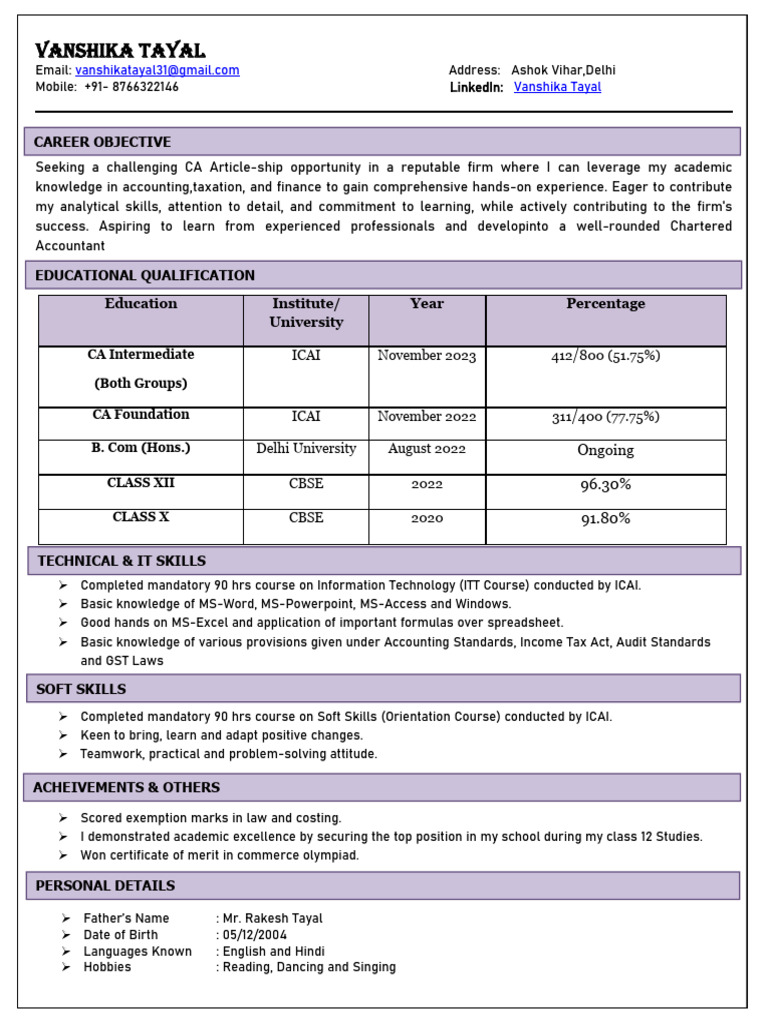 Resume - Articleship Format | PDF