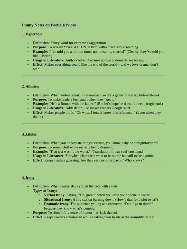 Funny Notes on Poetic Devices | PDF | Irony