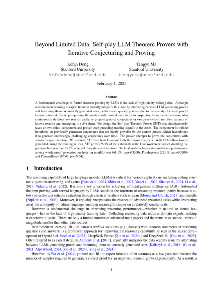 Beyond Limited Data: Self-Play LLM Theorem Provers With Iterative Conjecturing and Proving | PDF ...